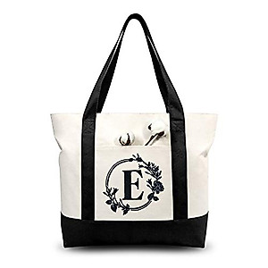 TOPDesign Embroidery Initial Canvas Tote Bag, Personalized Present Bag, Suitable for Wedding, Birthday, Beach, Holiday, is a Great Gift for Women, Mom, Teachers, Friends, Bridesmaids (Letter E)