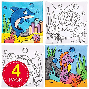 Baker Ross AT940 Sealife Color in Pictures for Kids - Pack of 4, Kids Canvases for Painting, Coloring and Craft Project Displays