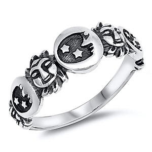 Oxidized Moon Star Sun Mythological Ring .925 Sterling Silver Band Size 6