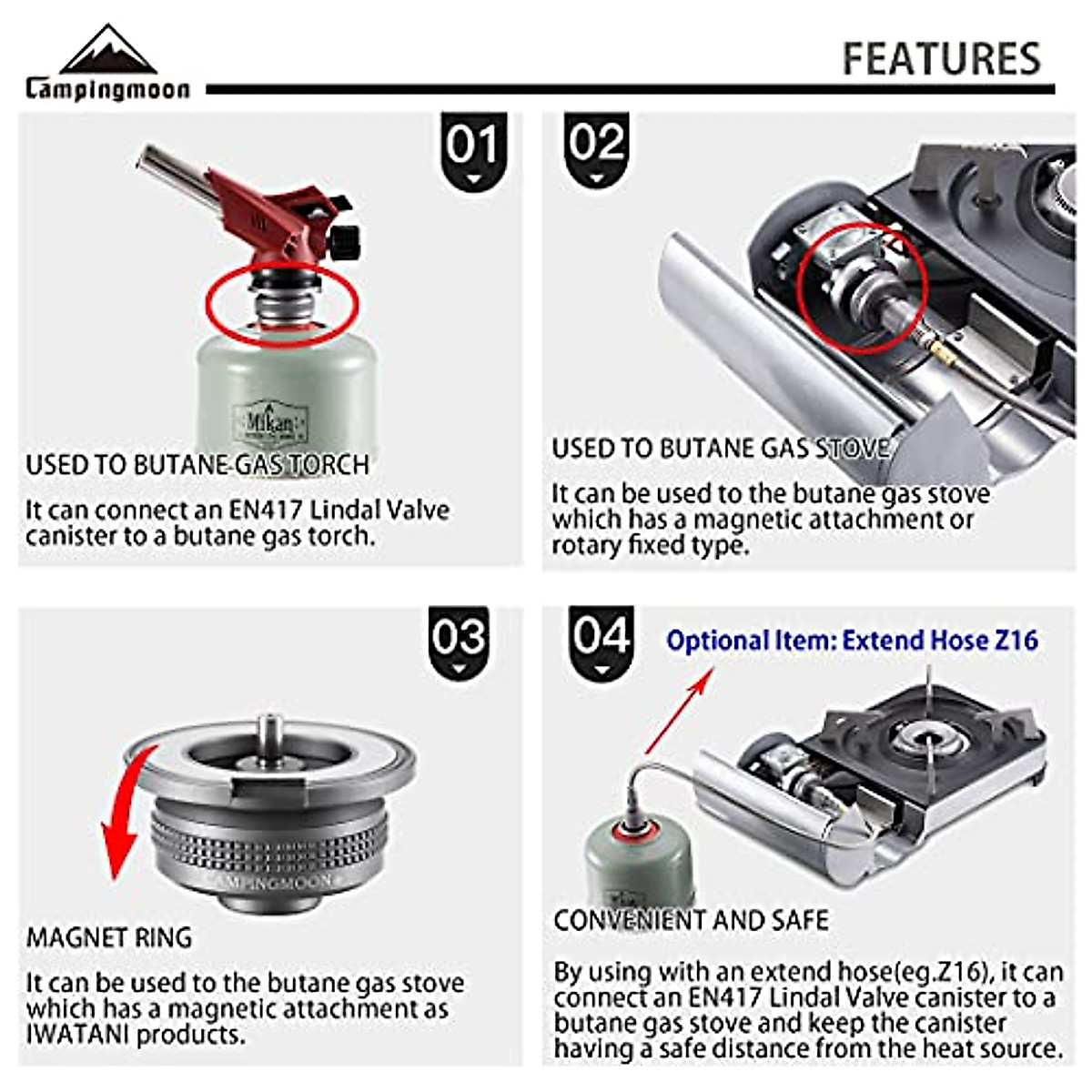 CAMPINGMOON Camping Gas Stove Adapter, Input: EN417 Lindal Valve Canister, Output: Butane Gas Stove Z13M