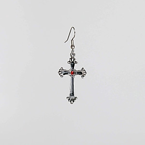 Gothic Victorian Cross Dangle Earrings with Red Austrian Crystals