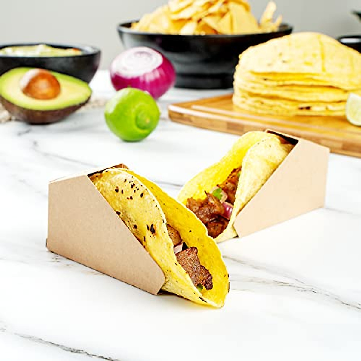 Restaurantware Bio Tek Kraft Paper Small Taco Holder - Greaseproof - 4" x 1 1/4" x 2 1/4" - 200 count box