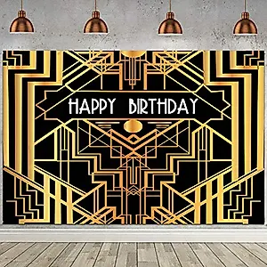 Happy Birthday Backdrop for Gatsby Birthday Party Decorations FHZON 10x7ft The Great Gatsby Photography Background Black Gold Golden Banner Party Themed Wallpaper Video Studio Shoot Props LXFH566