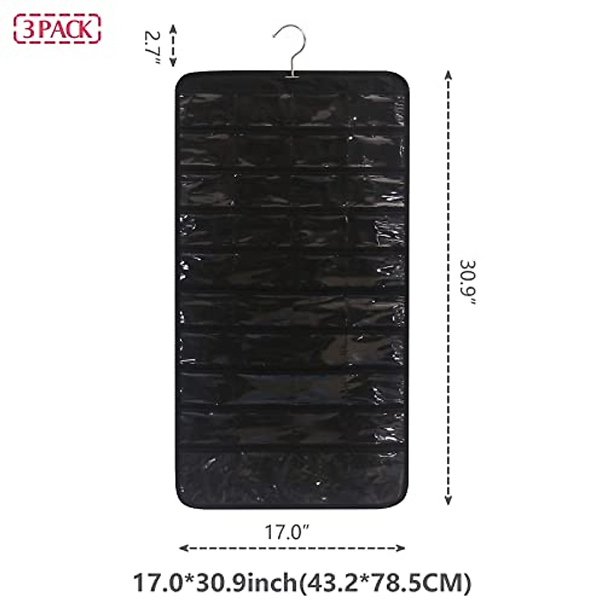 3 Pack Hanging Jewelry Organizer with 80 Pockets Jewelry Storage for Earrings Necklace Bracelet Ring Accessory, Black