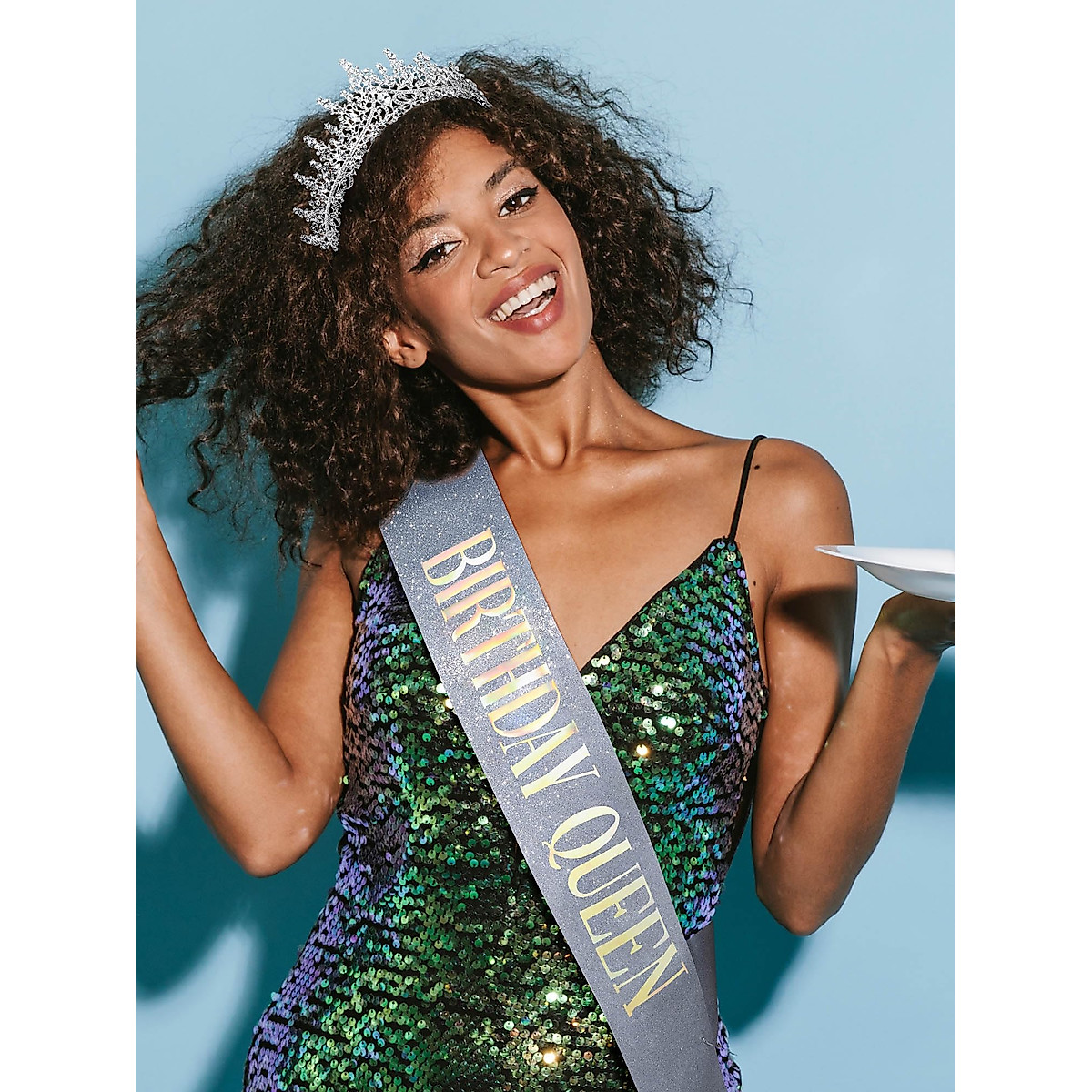 SWEETV Birthday Crowns for Women Silver Birthday Queen Sash and Tiara Set Rhinestone Princess Headband for Birthday Party Photograph