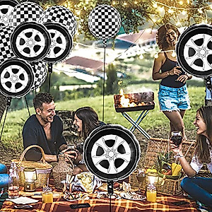 12 Pieces Black and White Checkered Balloons, Race Car Balloons Car Wheel Balloons Tire Balloons Aluminum Foil Checkered Flag Balloons for Racing Theme Birthday Party Decoration Supplies 18 Inch