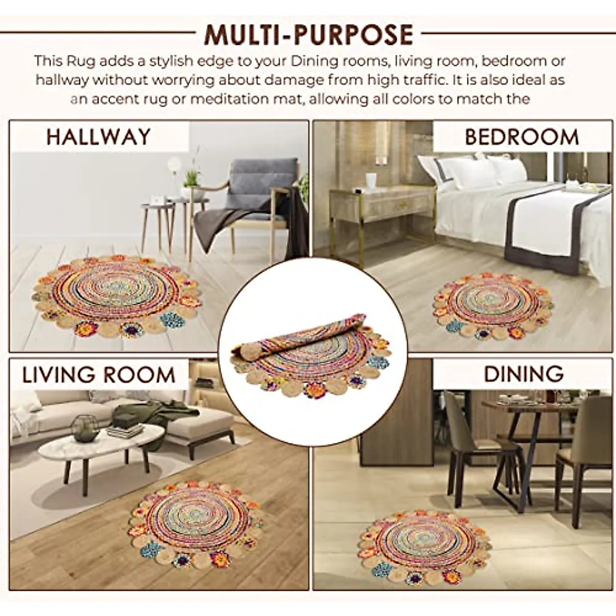 NAQSH Handwoven Cotton Jute Area Rug - 3 Feet Round Multicolor Handmade Reversible Braided Rag Rug (3 Feet, Multi Fancy Jute+Cotton)