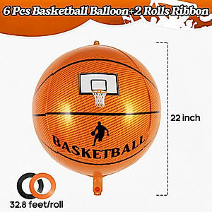 Basketball Balloons, 6 Pcs Metallic Foil Round Balloons, 22 Inch Large Mylar Basketball Balloons for Birthday Basketball Sports Themed Party