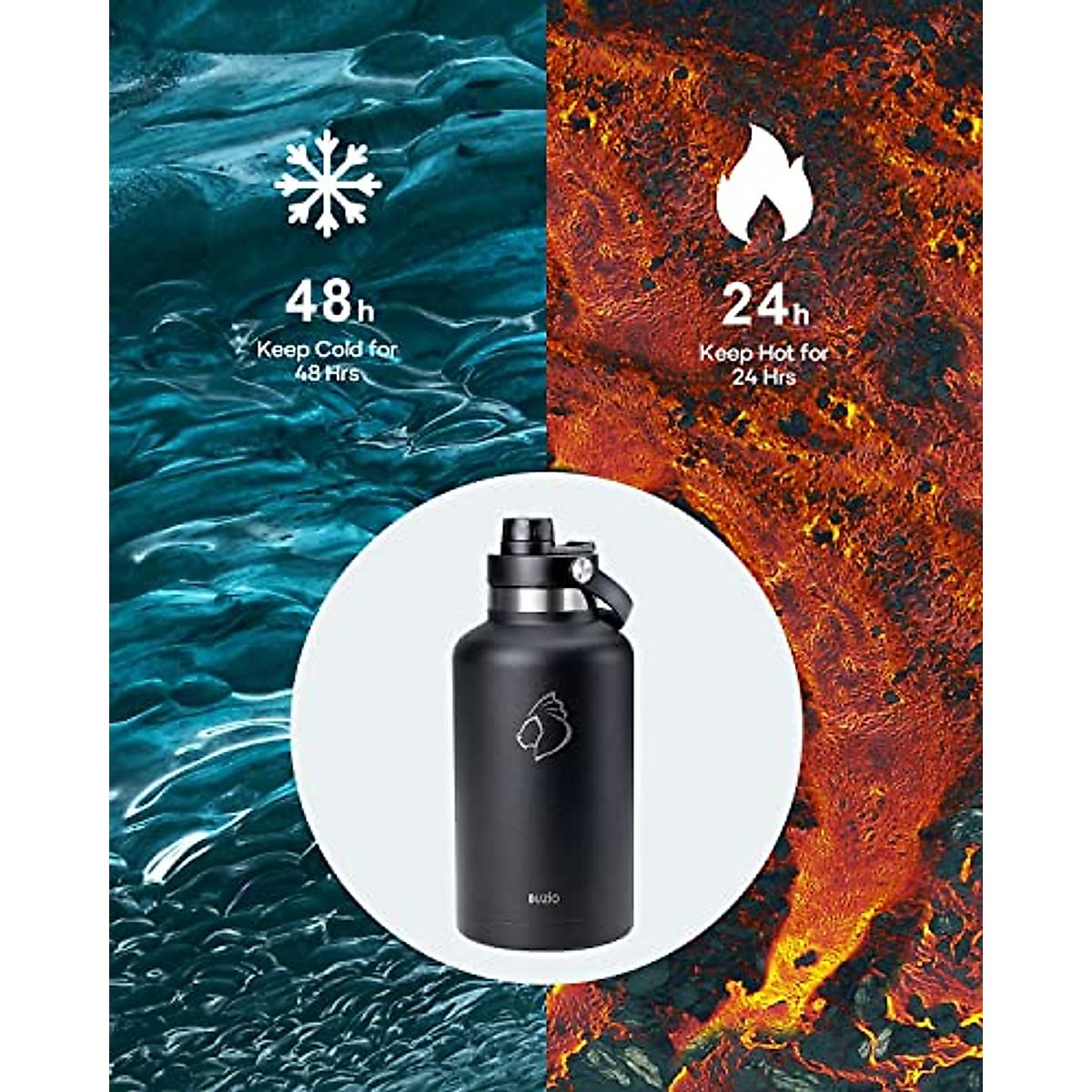 BUZIO 64oz Insulated Water Bottle with Straw Spout Lid, Half Gallon Double Wall Vacuum Stainless Steel Food-Grade Water Jug with Carrying Sleeve, Wide Mouth Leak Proof Water Flask, Keep Cold Hot