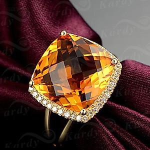 Fashion Women Yellow Citrine Gemstone Diamond Solid 14K Yellow Gold Natural Ring Settings Band Jewelry