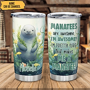 Hyturtle Personalized Gifts Manatee Lover - Me A Manatee Customized Name Stainless Steel Tumbler 20 oz With Lid - Idea Cute Sea Animal Lover Gifts For Women, Girl, Kids On Birthday, Christmas