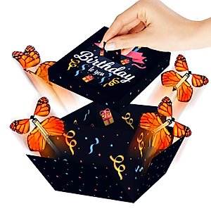 FETTIPOP DIY Butterfly Explosion Gift Box (Happy Birthday) 7.1x5.5x4.3 inches, Surprise Flying Butterfly Box Prank