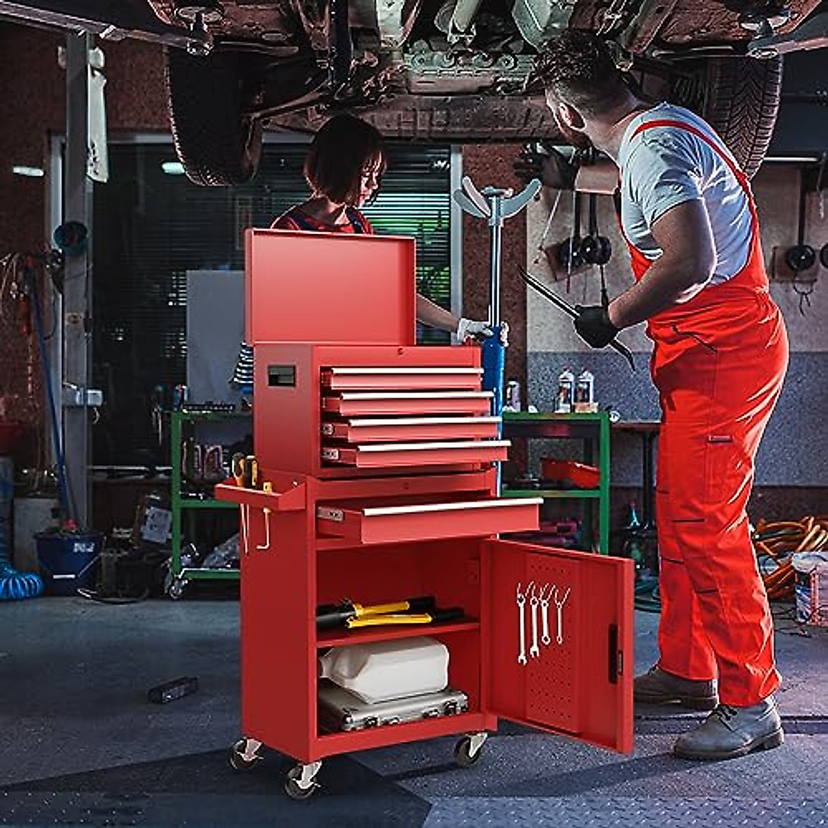 DORTALA 2 in 1 Tool Chest & Cabinet w/ 5 Sliding Drawers, Rolling Garage Box Organizer, Lockable Tool Box, Detachable Tool Organizer, Tool Cabinet Cart Workshop Trolley on Wheels, Red