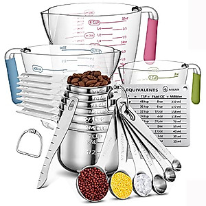 Measuring Cups and Spoons Set, AIKEXIN Stainless Steel 7 Measuring Cups & 6 Measuring Spoons & 3 Transparent Plastic Measuring Cup, 1 Leveler 1 Measuring Conversion Chart and 2 Metal Ring (20 Piece)……