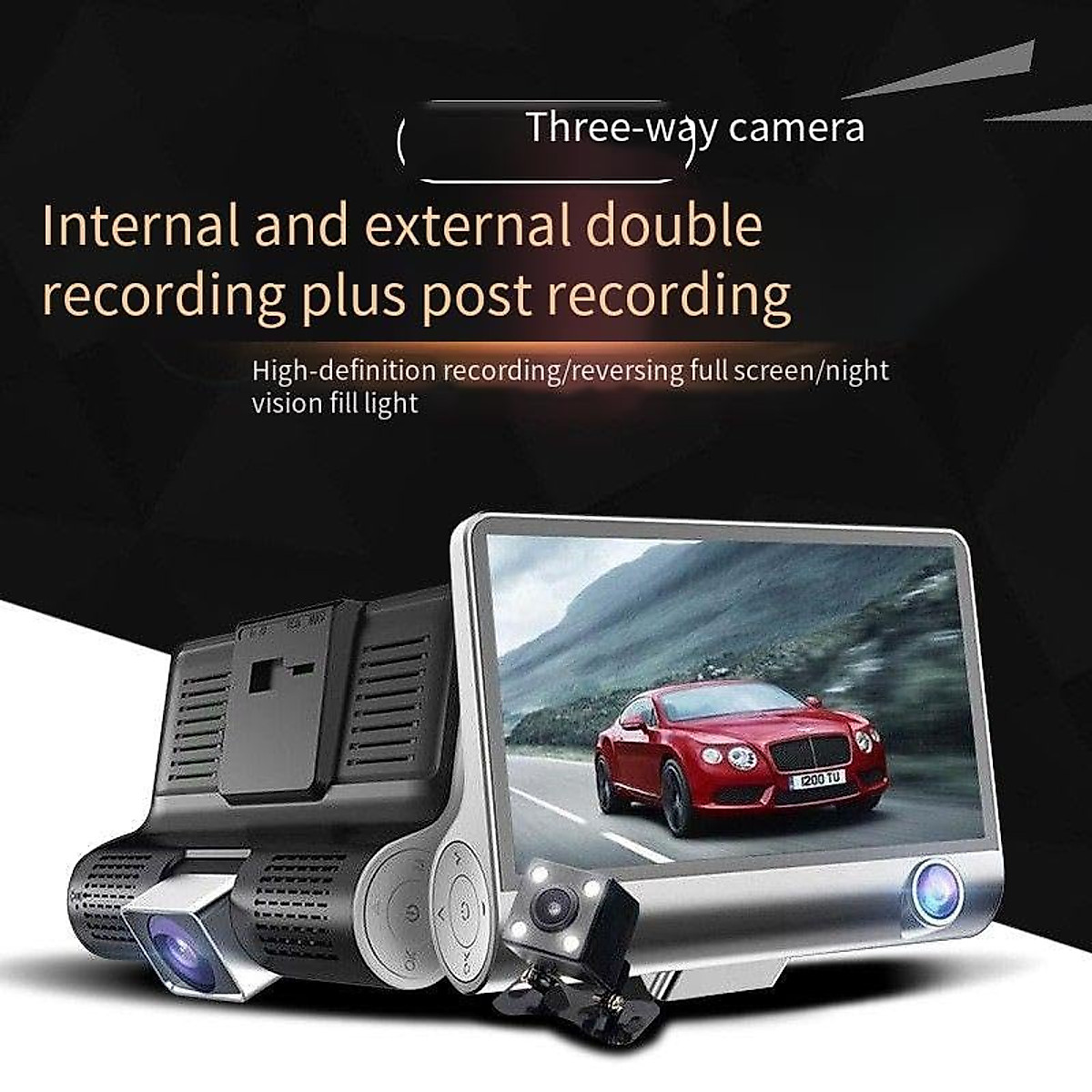 3-Channel Dash Cam with Front and Rear Inside Views, 1080P Full HD with 170-degree Wide-Angle Lens, IR Night Vision, Loop Recording, Reverse Assist, and 24-Hour Parking Recording.