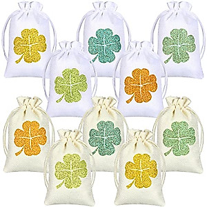 Woanger 30 Pcs St. Patricks Day Burlap Gift Bags with Drawstring St. Patricks Day Lucky Shamrock Linen Goody Gift Bags Glitter Jute Coin Treat Candy Bags for St. Patrick's Day Party Supplies