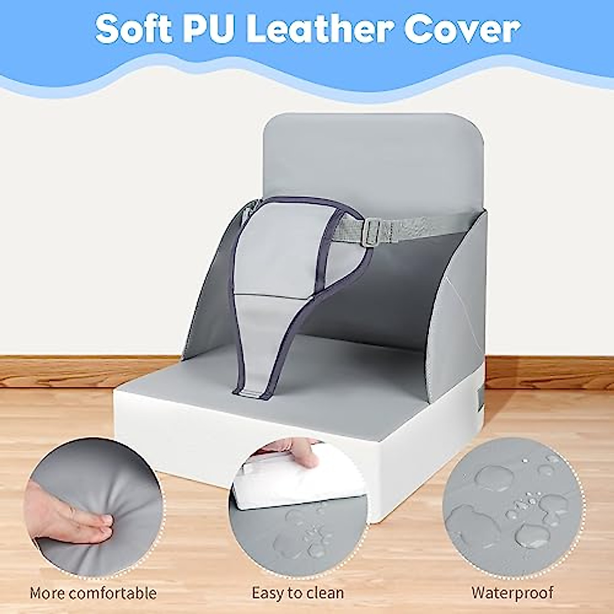 Toddler Booster Seat for Dining Table, PU Waterproof Strong Support Portable Booster Chair for Toddlers Eating, Easy Cleaning Booster Seat Cushion Detachable with Fix Straps
