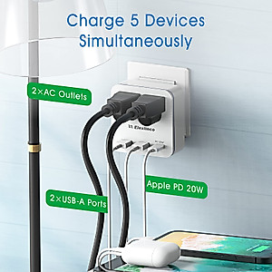 Cruise Power Strip, Elexlinco Surge Protector 5 Outlet Extender with Apple PD 20W, 2 AC Outlets and 2 USB-A Ports Multi Plug Outlets, Ultra Slim Power Strip Surge Protector, Cruise Essentials