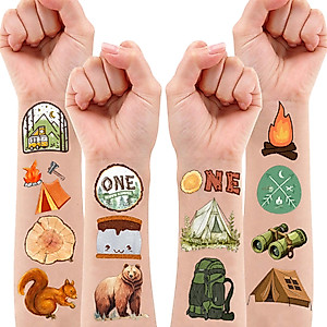 Cute Camper Temporary Tattoos Camping First Birthday Party Decorations Favors Supplies 1st Themed Stickers 10 Sheets 100 PCS Gifts for Baby Kids Girls Boys Decor Class School Carnival Christmas