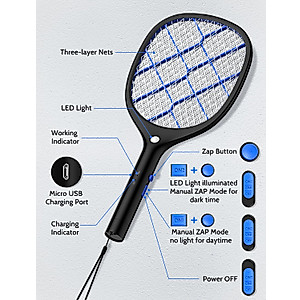 YISSVIC Electric Fly Swatter Bug Zapper Racket Rechargeable Mosquito Killer LED Light for Indoor Home Office Backyard Patio Camping