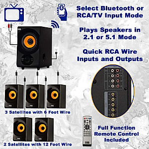 Acoustic Audio by Goldwood AA5170 Home 5.1 Bluetooth Speaker System with Optical Input and 4 Extension Cables, Black