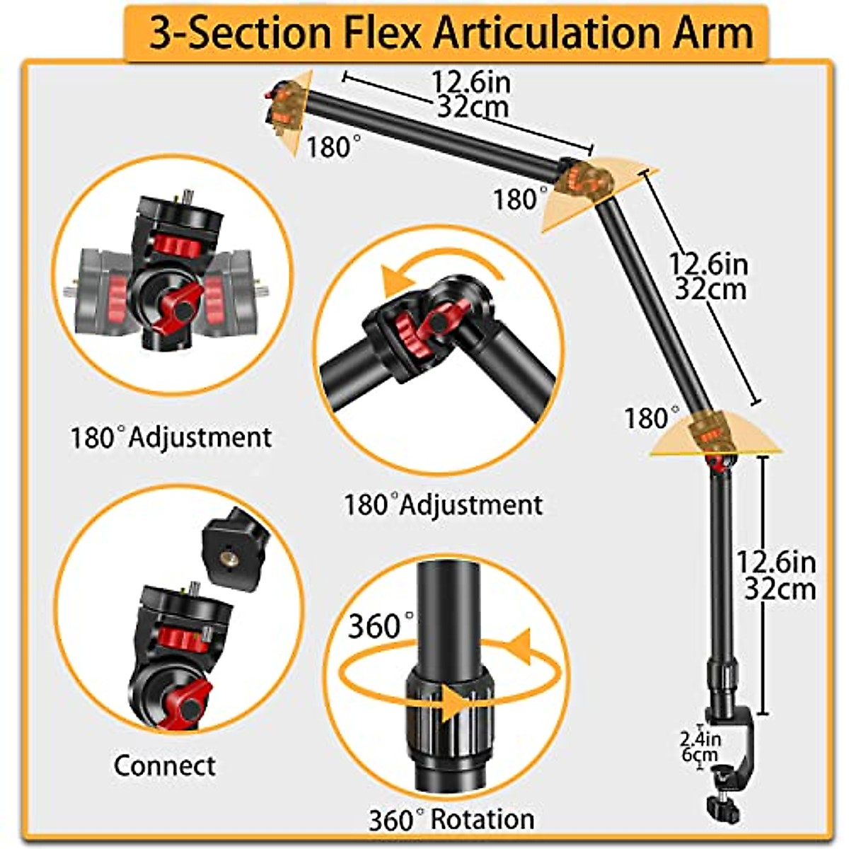 DImotliyor Overhead Camera Mount Desk Stand, 3-Section Flexible Detachable Articulating Arm with 1/4“ 3/8" 5/8" Screw&360° Ball Head, C-clamp Tabletop Mount for DSLR Camera/Webcam/Microphone/Lights