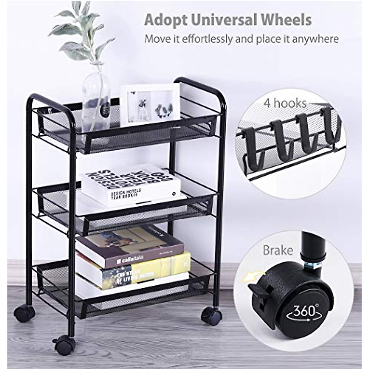 Rolling Storage Cart 3-Tier Metal Mesh Basket Shelves Organizer with Wheels for Home,Office,Kitchen,Bathroom,Bedroom(Black)