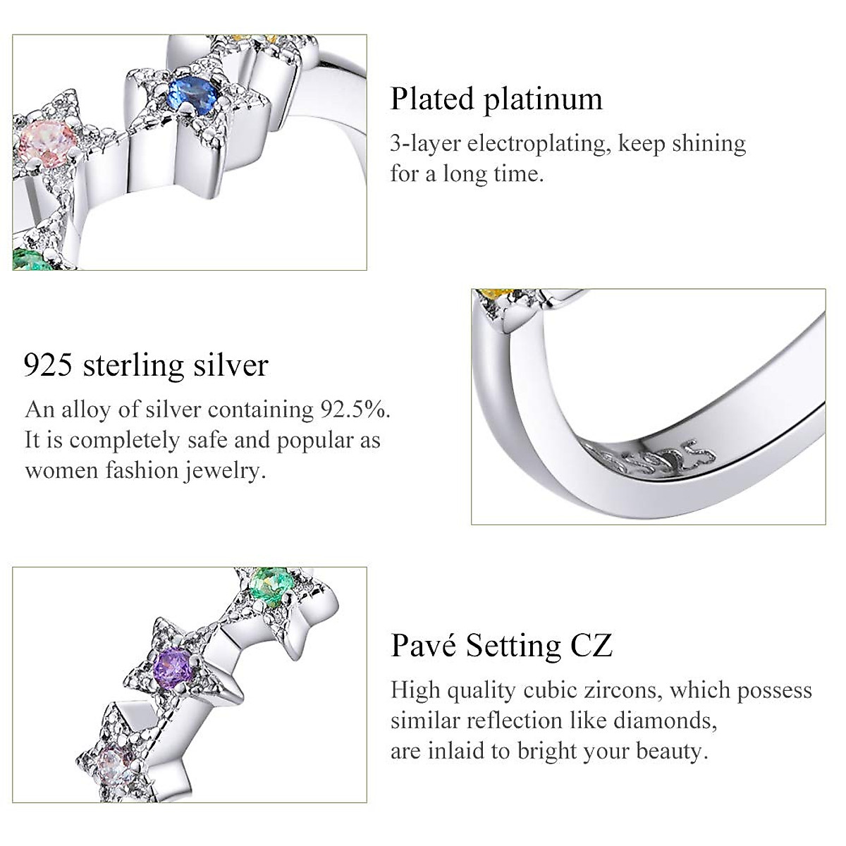 Presentski Star Ring 925 Sterling Silver-Color CZ Dainty Rings for Women