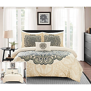 Chic Home Mindy 4 Piece Reversible Duvet Cover Set Large Scale Boho Inspired Medallion Paisley Print Design Bedding-Decorative Pillow Shams Included, Queen, Beige