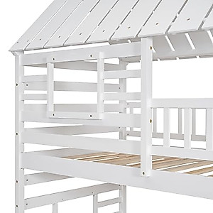 EOVTK Twin Over Twin House Bunk Bed with Trundle and Slide, Wood House Bunk Bed Frame with Storage Staircase, Roof and Window for 3 Kids Boys Girls, White