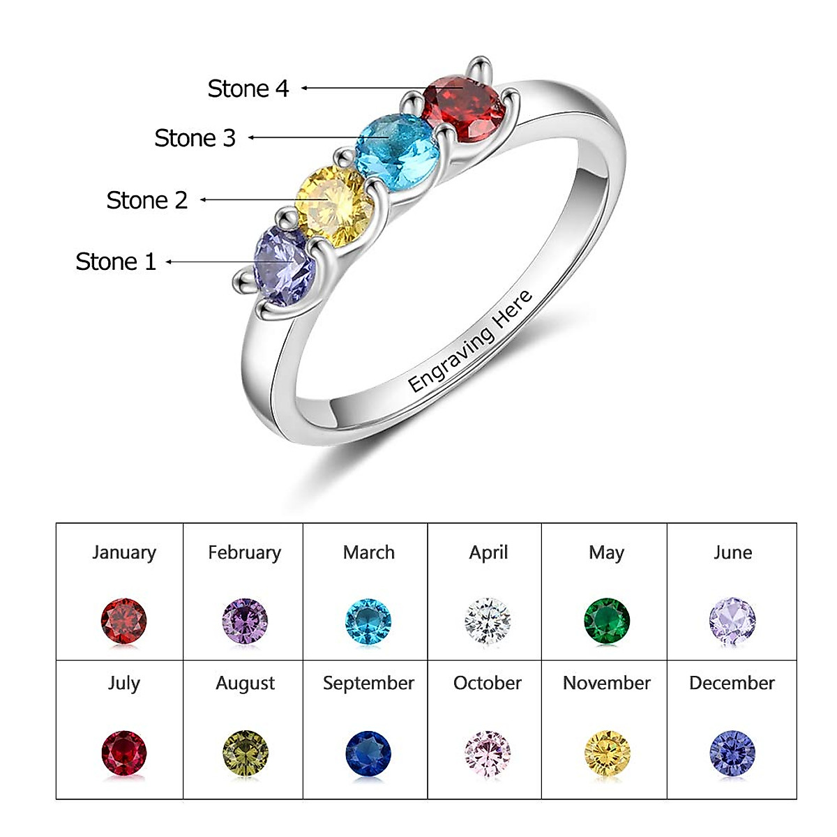 kaululu Mom Ring Gifts for Women Personalized 4 Birthstones Rings for Mothers Custom Name Ring Mothers Day Ring Mothers Jewelry for Women Mothers Day Gifts