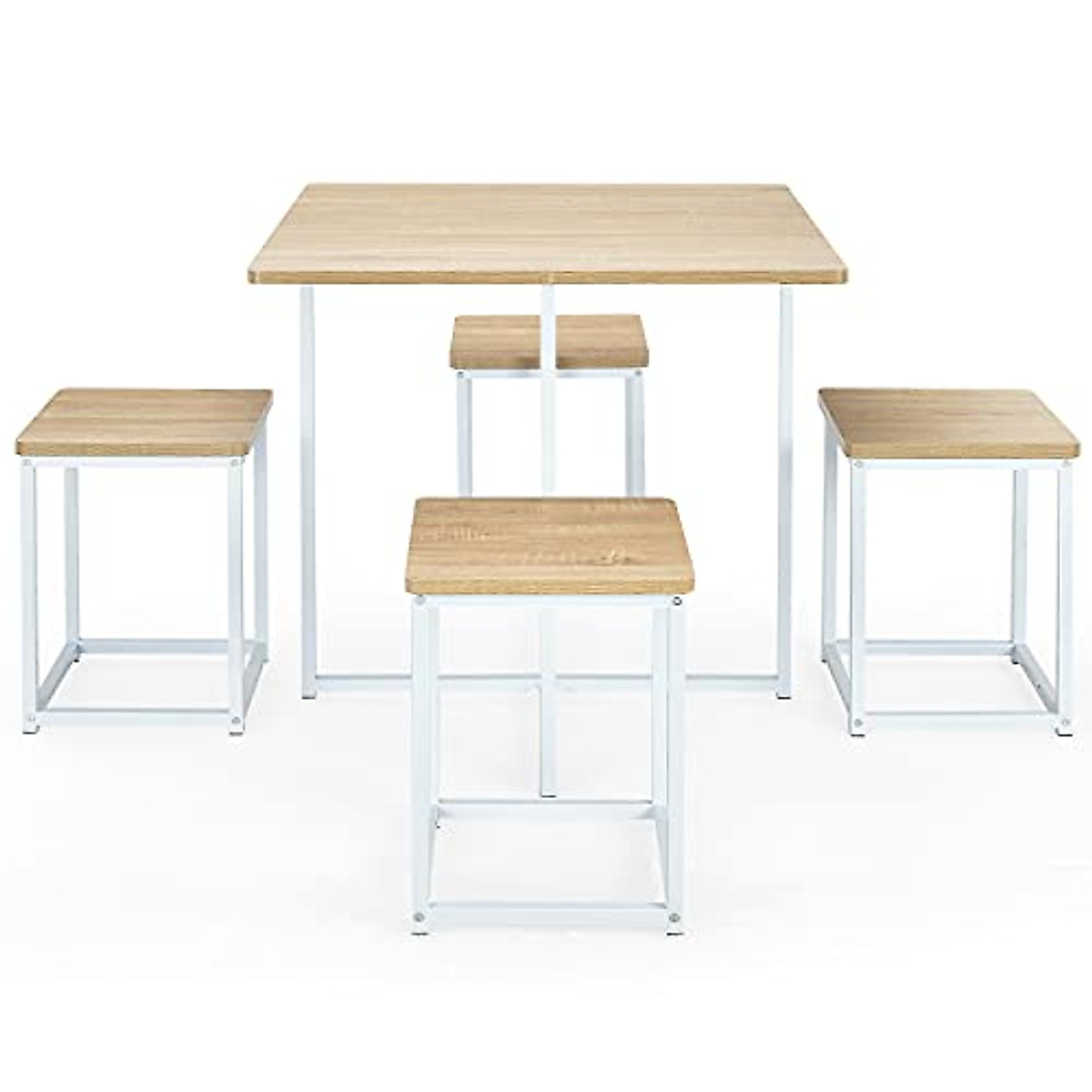 KOTEK Dining Table Set for 4, Kitchen & Dining Room Table Sets with 4 Square Stools, Metal Frame, 5 Piece Compact Kitchen Table and Chairs for Small Space (Beige & White)