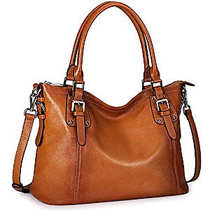 S-ZONE Women's Vintage Genuine Leather Tote Handbag Large Crossbody Bag Shoulder Purse with Zipper Pocket Outside (Medium-Brown)