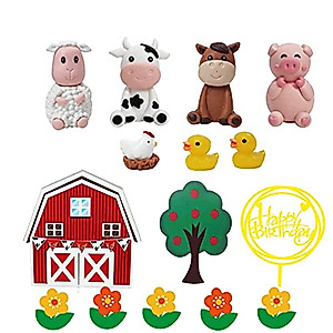 Farm Animal Cake Topper with Cow Horse Sheep Pig Duck Hen for Farm Animal Theme Birthday Baby Shower Party