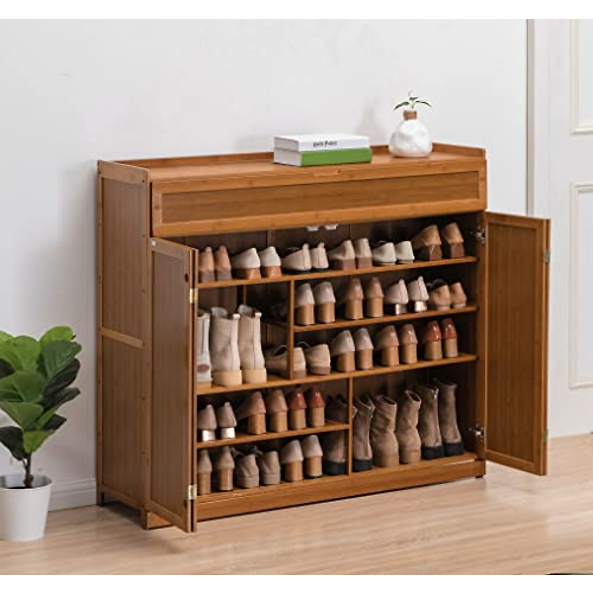 MoNiBloom Bamboo 7-Tier Shoe Organizer Cabinet with Folding Door Pull-Down Compartment Heels Long Boots, Hallway Entryway, Brown