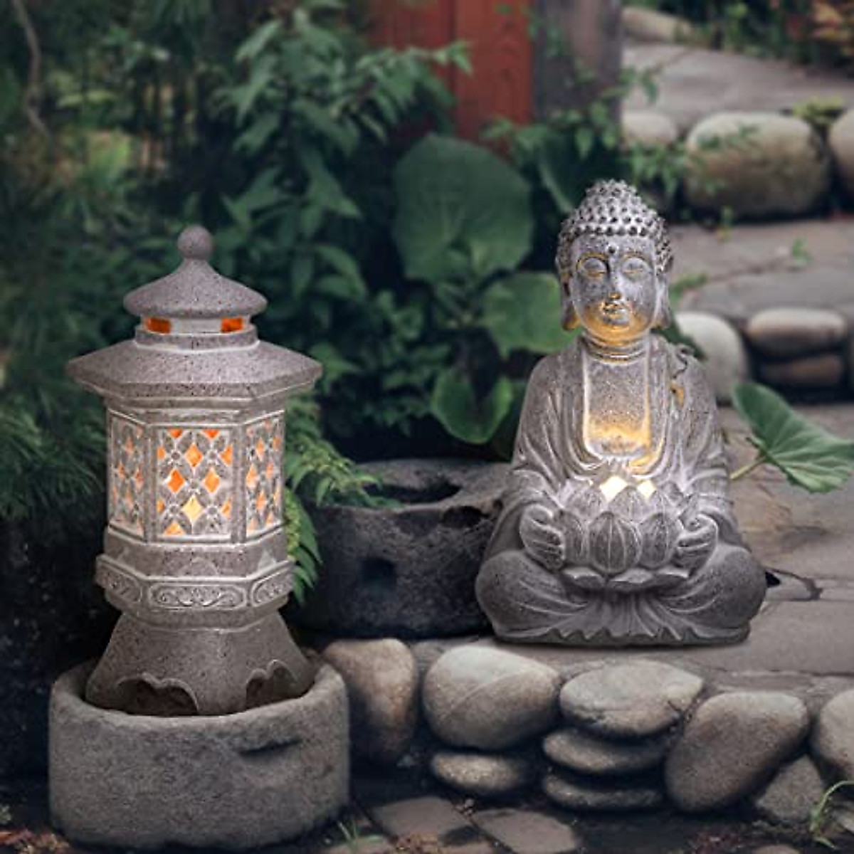 TERESA'S COLLECTIONS Pagoda Garden Statues with Solar Lights, Resin Zen Garden Lantern Asian Decor Outdoor Statues Yard Ornaments for Landscape Patio Porch Lawn Decorations, 12.6'' (Stone Finish)