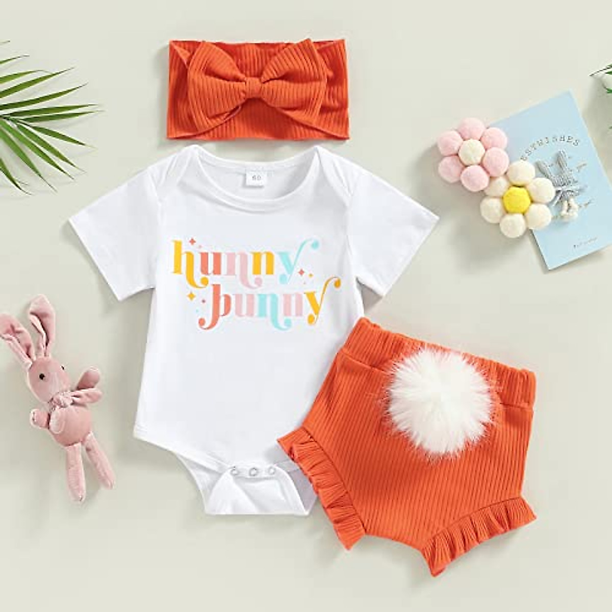 FIOMVA 3Pcs Easter Outfit Baby Girl Short Sleeve Hunny Bunny Romper Bodysuit Rabbit Shorts Headband My 1st Easter Clothes with tail