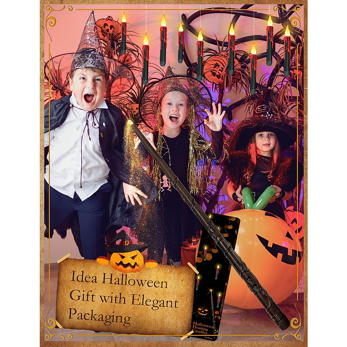 Qaeshi Floating Candles with Wand Remote, 10Pcs Magic Warm Flickering Flameless Hanging Candles,Battery Operated Window LED Taper Lights for Halloween Christmas Decor Home Party