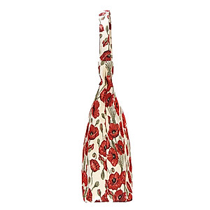 Signare Red and White Women’s Fashion Canvas Top Zip Hobo Shoulder Bag Beach Bag with Poppy Flower (HOBO-POP)