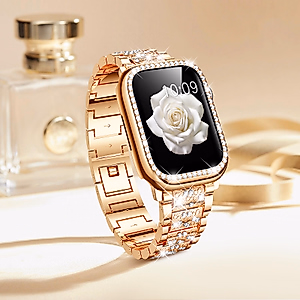 Mosonio Compatible with Apple Watch Band 40mm with Case Women, Jewelry Replacement Metal Wristband Strap with 2 Pack Bling PC Protective Cover for iWatch Series 6/5/4(Rose Gold)