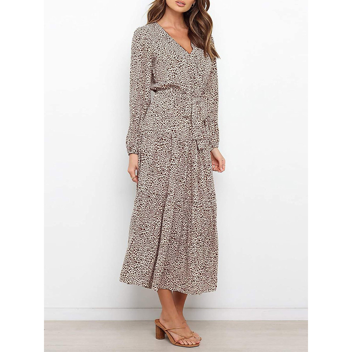 PRETTYGARDEN Womens Fall Long Sleeve Wrap V Neck Ruffle Floral Maxi Dress Casual Tie Waist Boho Chiffon Flowy Long Dresses(Apricot,Medium)