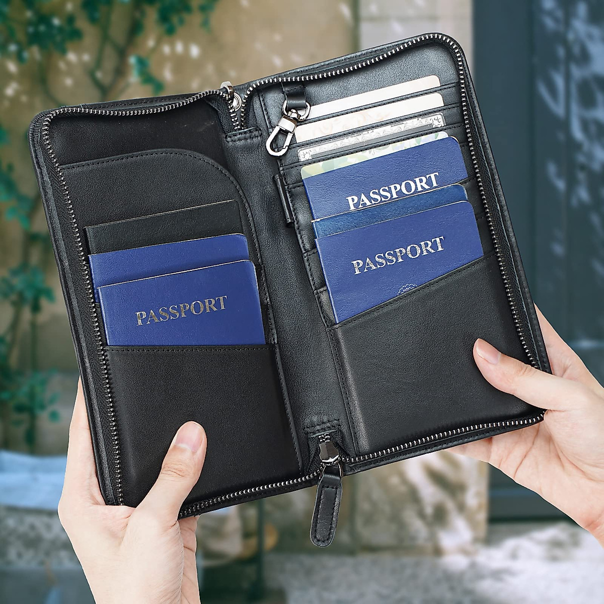 Polare Napa Leather Family Travel Passport Wallet and Documents Organizer RFID Blocking Case Holder Fits 6 Passports for Men and Women(Black)