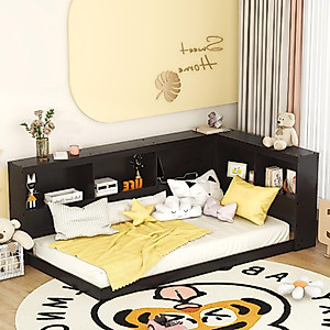 Daybed with Bookcase Headboard, Twin Size Corner Floor Bed Frame with Charging Station, Wood Platform Bed with Storage, 2 Outlets & USB Ports, Espresso