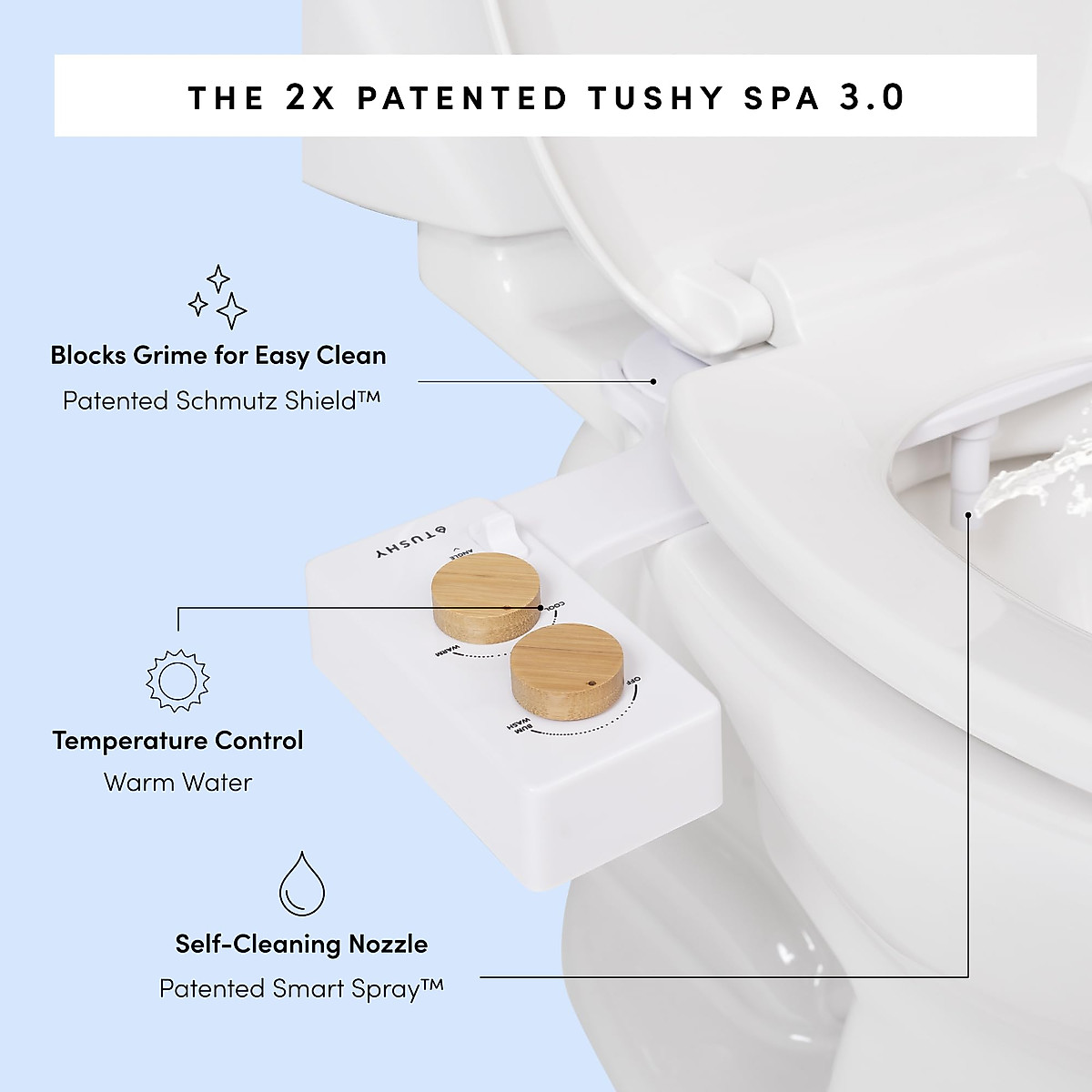 Tushy 3.0 Spa Bidet Attachment. Cool to Warm Water Temperature Control, Self Cleaning Fresh Water Sprayer, Adjustable Pressure Nozzle & Angle Control (Requires Sink Access for Warm Water), Bamboo