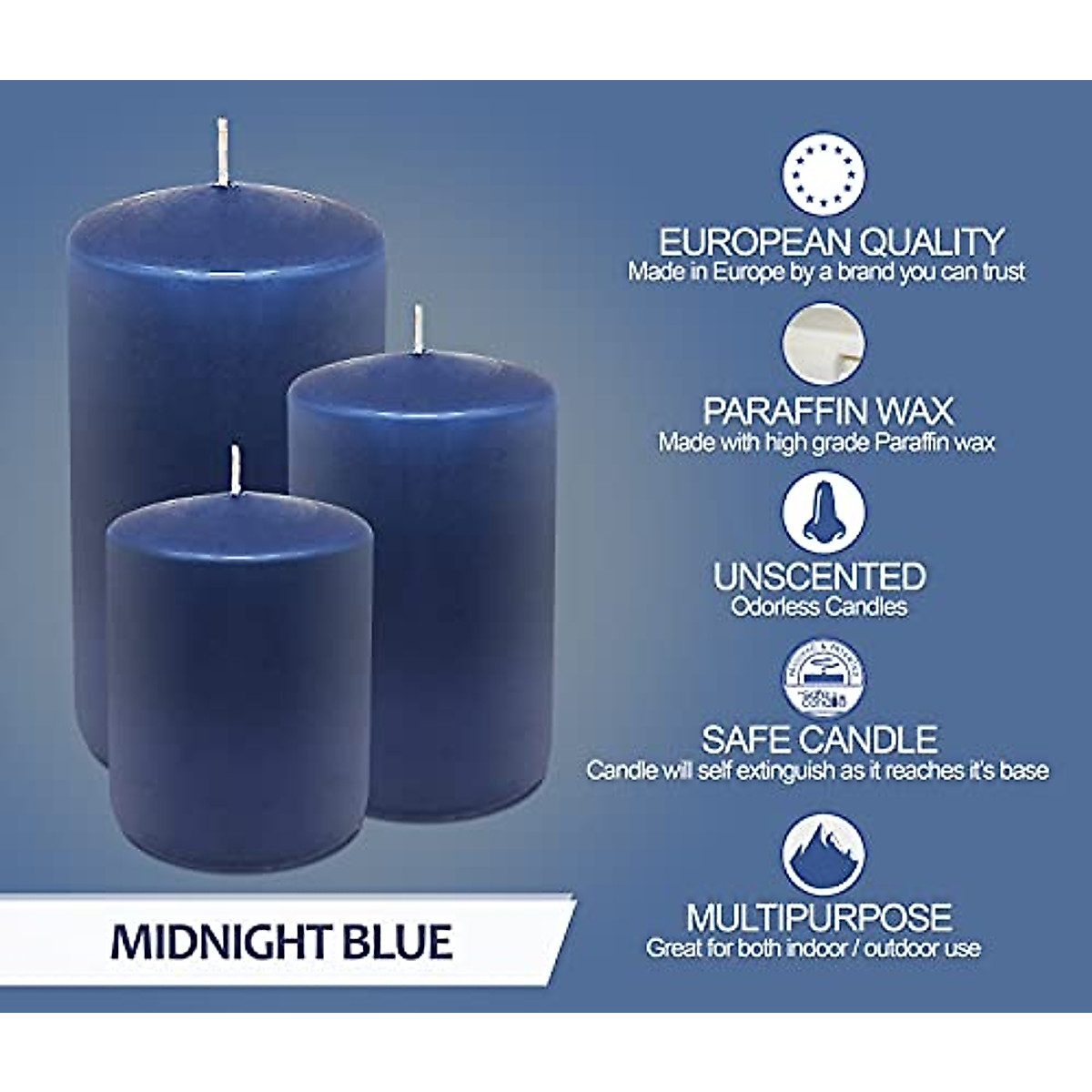 Hyoola Midnight Blue Pillar Candles 2x3 Inch - 4 Pack Unscented Pillar Candles - European Made