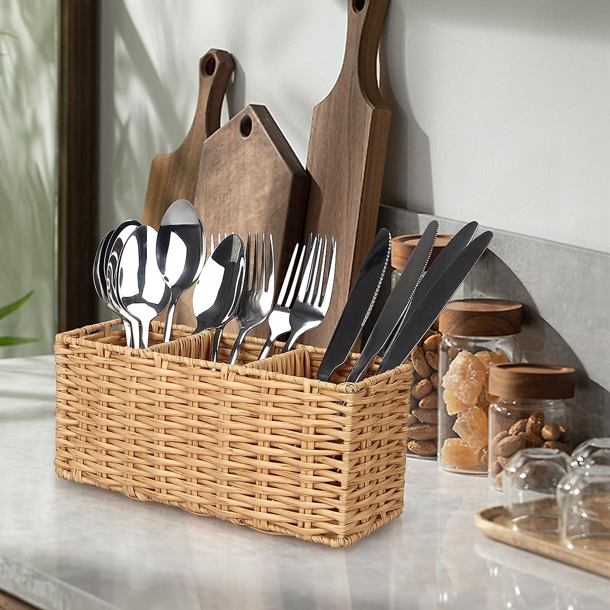 Ayiaren Wicker Flatware Silverware Caddies Cutlery Holder Best Kitchen Silverware Organizer Storage for Countertop Silverware Utensils Holder Party Spoon Knives Fork Holder Flatware Utensil Caddy
