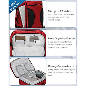 Hynes Eagle 44L Carry on Backpack Airline Approved Travel Backpack for Men Women Large Laptop Backpack 17 inch Nylon Backpack Overnight Weekender Bag Red
