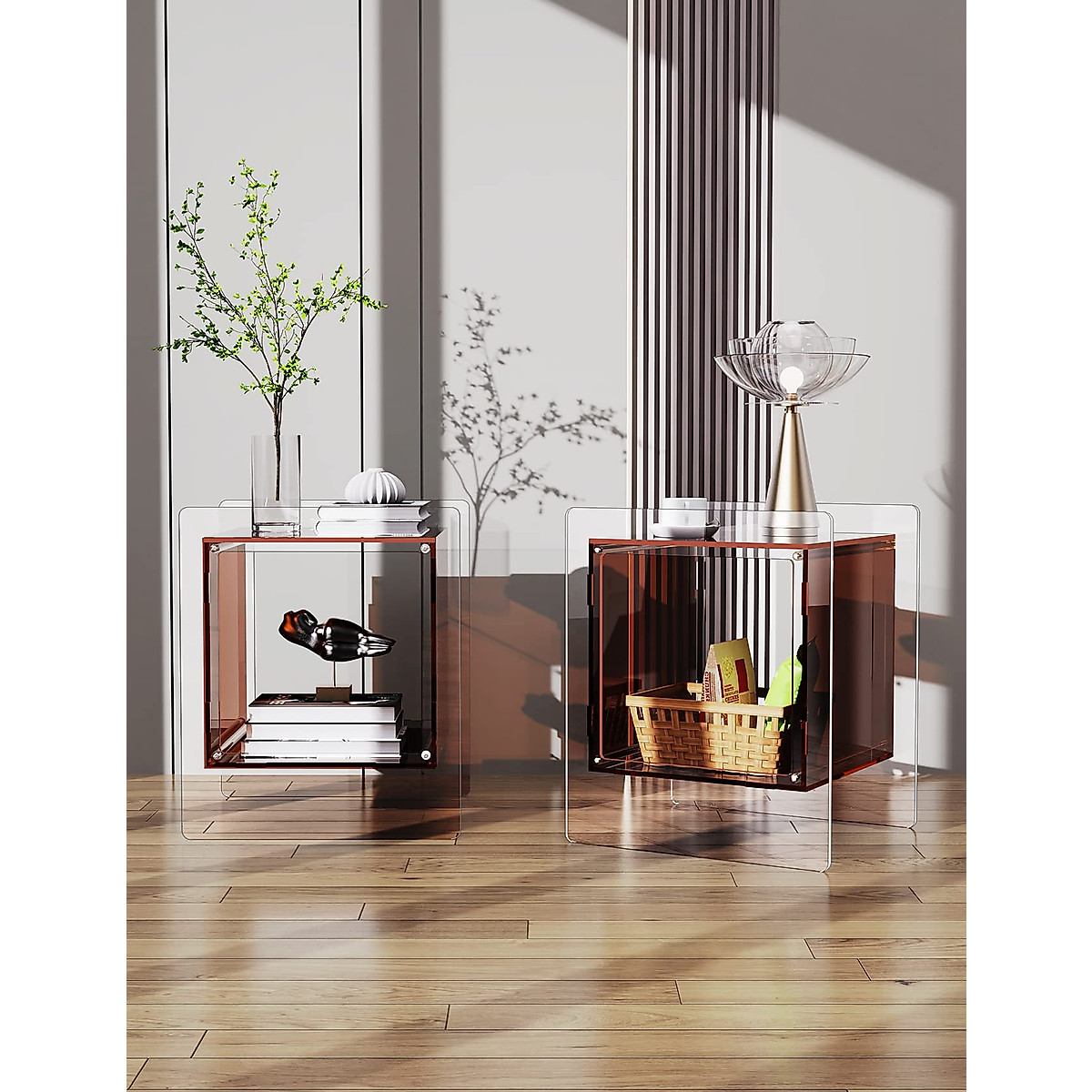 solaround Acrylic Nightstand Colorful Bedside Table with Open Storage Shelf,Clear Side Table for Living Room (1, Dark Brown)