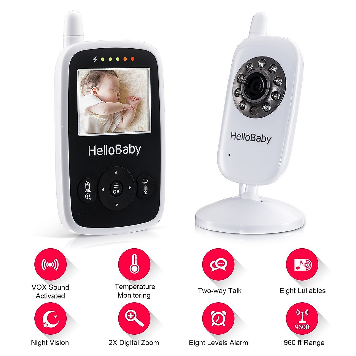 Hello Baby Wireless Video Baby Monitor with Digital Camera HB24, Night Vision Temperature Monitoring & 2 Way Talkback System, White