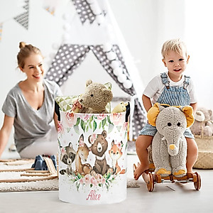 zaaprintblanket Laundry Basket Customized Name Organizer Storage Round Baskets Foldable Laundry Hamper with Handle for Nursery Bedroom Decor (Woodland Animals Pink Blush Floral)